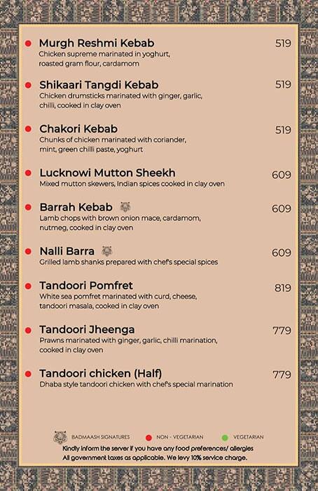 Menu at Badmaash UB City, Bengaluru