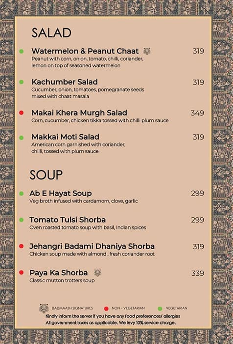 Menu at Badmaash UB City, Bengaluru