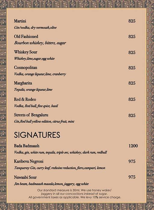 Menu at Badmaash UB City, Bengaluru