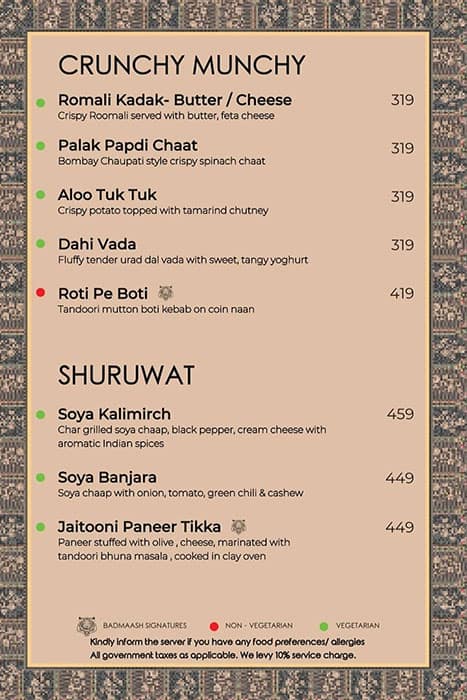 Menu at Badmaash UB City, Bengaluru
