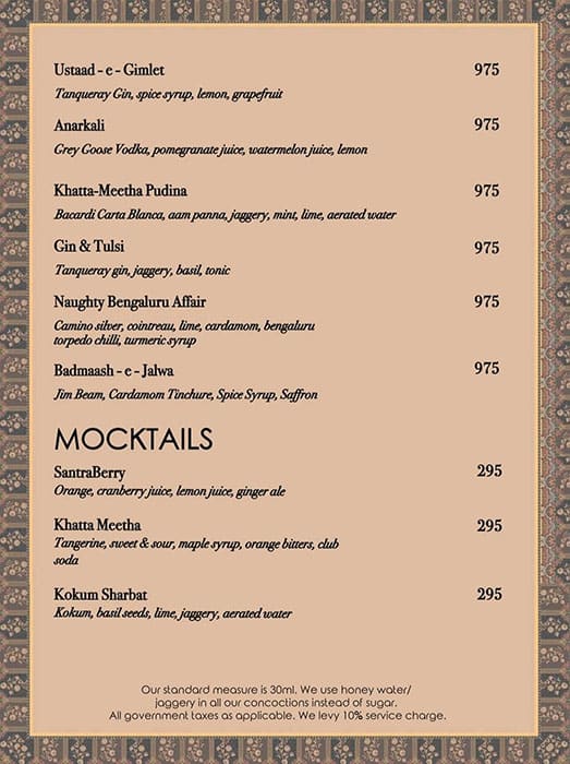 Menu at Badmaash UB City, Bengaluru