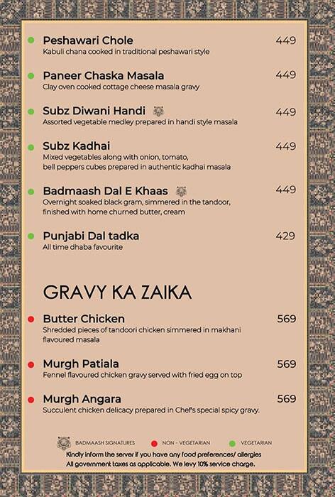 Menu at Badmaash UB City, Bengaluru