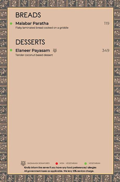 Menu at Badmaash UB City, Bengaluru