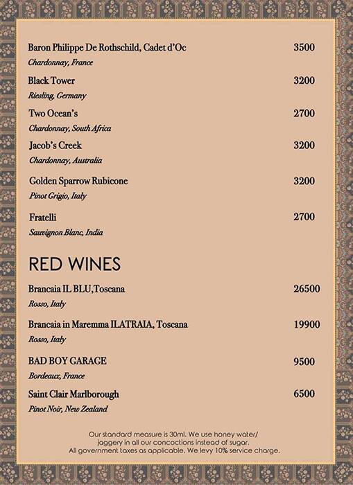 Menu at Badmaash UB City, Bengaluru