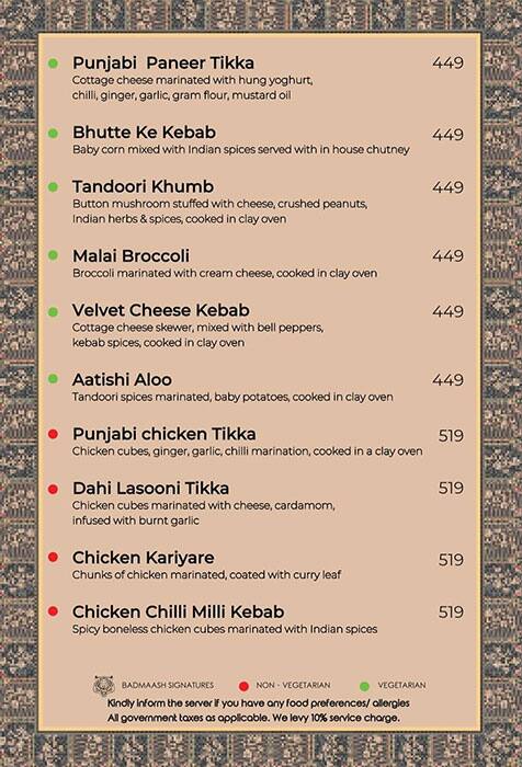 Menu at Badmaash UB City, Bengaluru