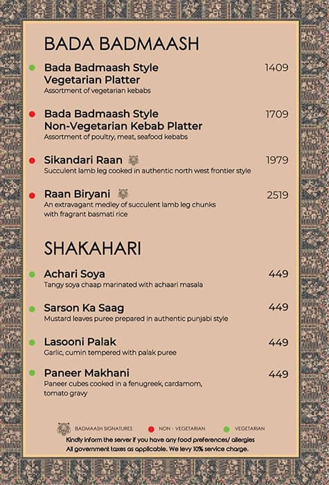 Menu at Badmaash UB City, Bengaluru