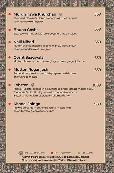 Menu at Badmaash UB City, Bengaluru