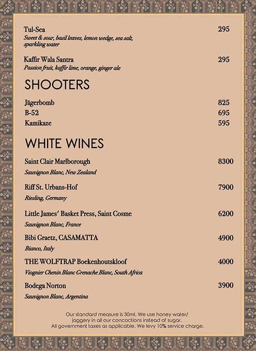 Menu at Badmaash UB City, Bengaluru