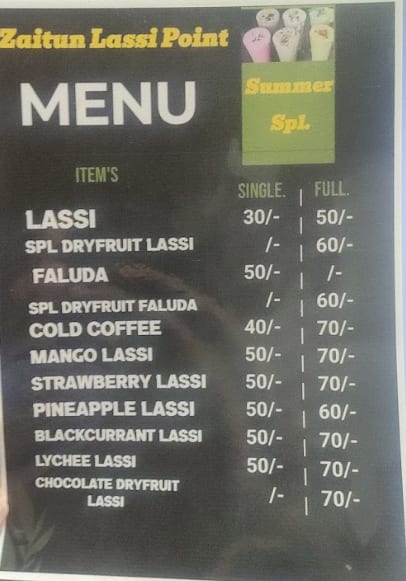 Menu of Zaitun Lassi Point, Tolichowki, Hyderabad