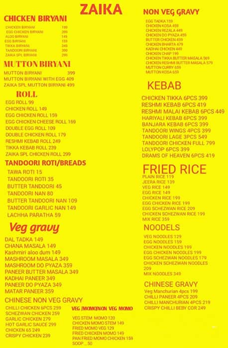 Menu of Zaikaa, New Town, Kolkata