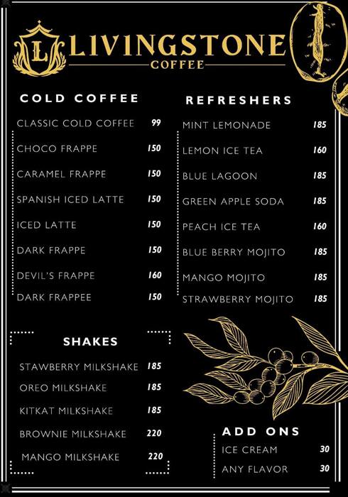 Menu of Livingstone Coffee, Sector 67, Noida