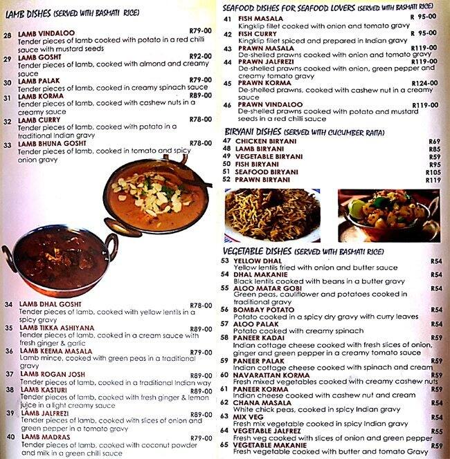 Menu at Ashiyana restaurant, Benoni