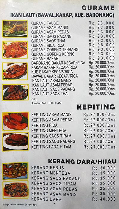 Menu at Rumah Makan Sedap Sari restaurant, Jakarta, Jl. Bugis No. 76 ...