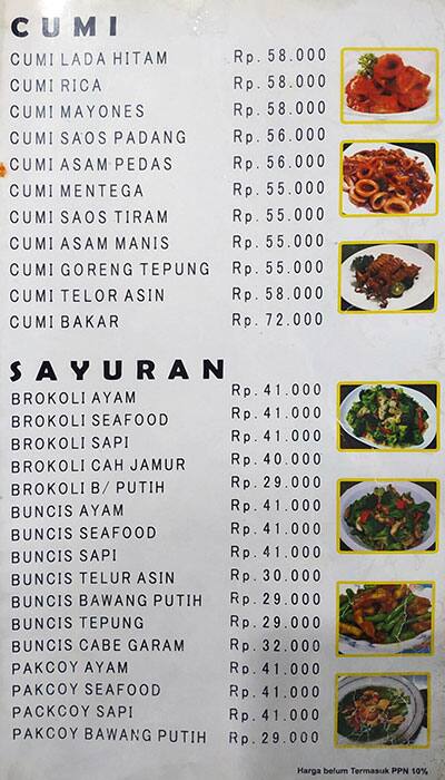 Menu at Rumah Makan Sedap Sari restaurant, Jakarta, Jl. Bugis No. 76 ...