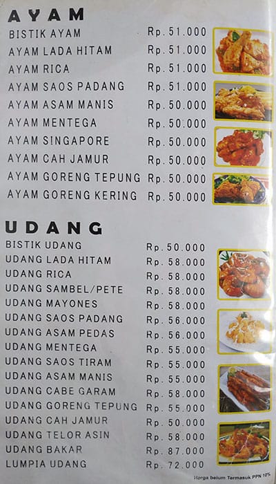 Menu at Rumah Makan Sedap Sari restaurant, Jakarta, Jl. Bugis No. 76 ...