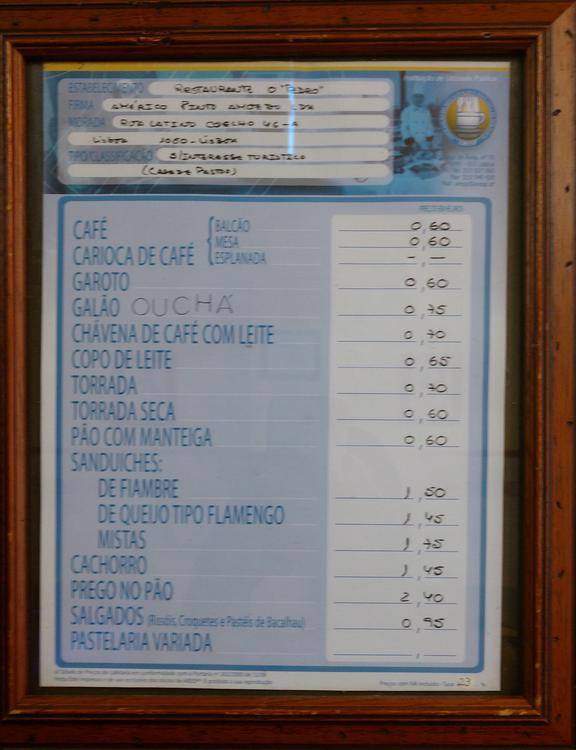 Menu at O Pedro restaurant, Lisbon