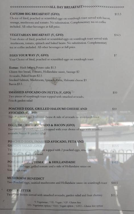 Menu at Cafe 2000, Moonee Ponds, 633 Mt Alexander Rd