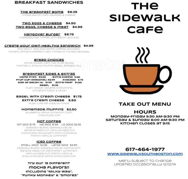 Menu at Sidewalk Cafe South Boston, Boston