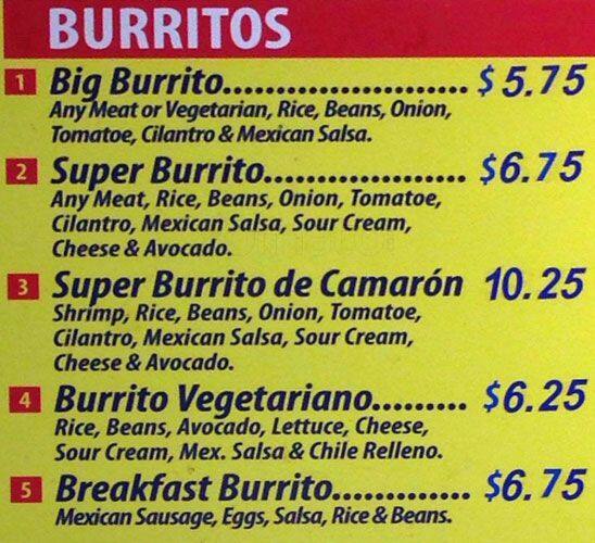 Menu at Taqueria El Favorito restaurant, Rohnert Park, Redwood Dr