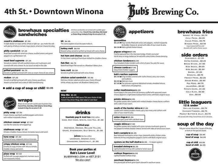 Menu at Bub's Brewing Co pub & bar, Winona
