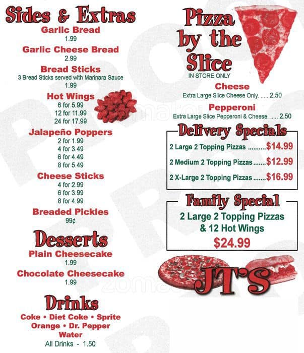 Menu at JT's Pizza & Subs pizzeria, Dallas