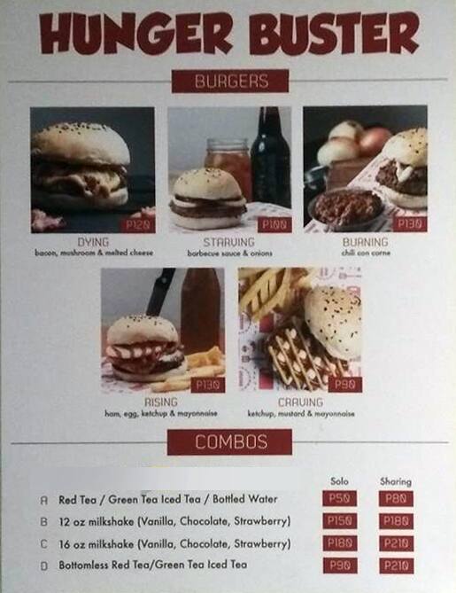 Menu at Hunger Buster restaurant, Manila, Taft Ave