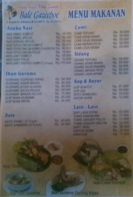 Menu at Bale Gazeebo restaurant, Bandung