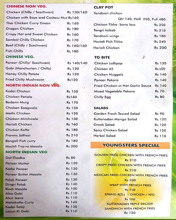 Menu of Kuttanad Restaurant, Palayam, Trivandrum