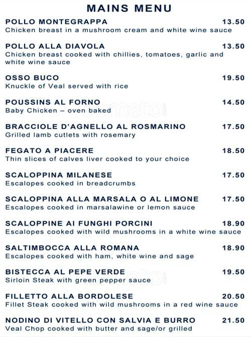 Menu at Romano's Italian Restaurant, London