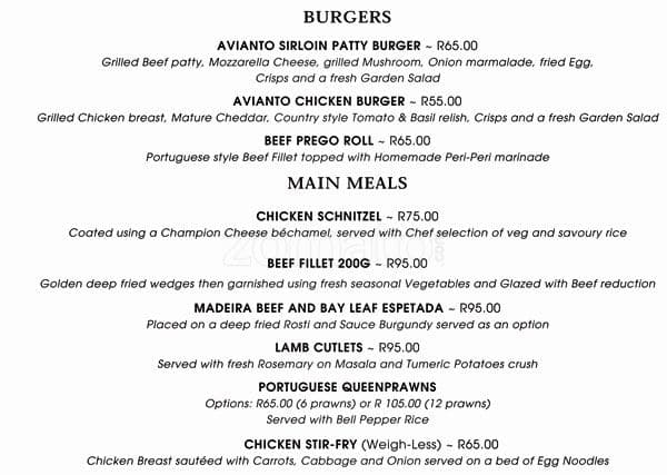 Menu at Cafe Cielo, Roodepoort, Avianto Hotel