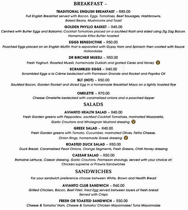 Menu at Cafe Cielo, Roodepoort, Avianto Hotel