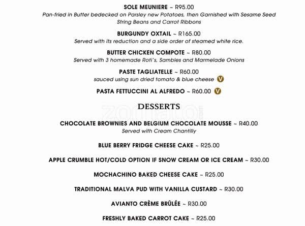 Menu at Cafe Cielo, Roodepoort, Avianto Hotel