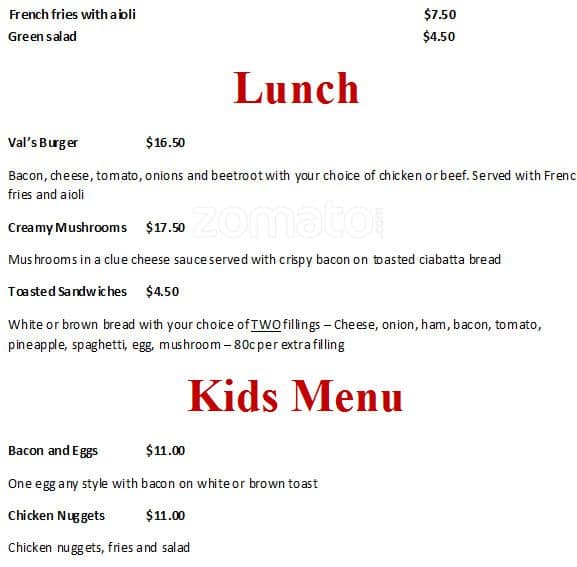 Menu at Vals Cafe, Auckland