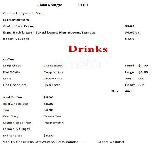 Menu at Vals Cafe, Auckland