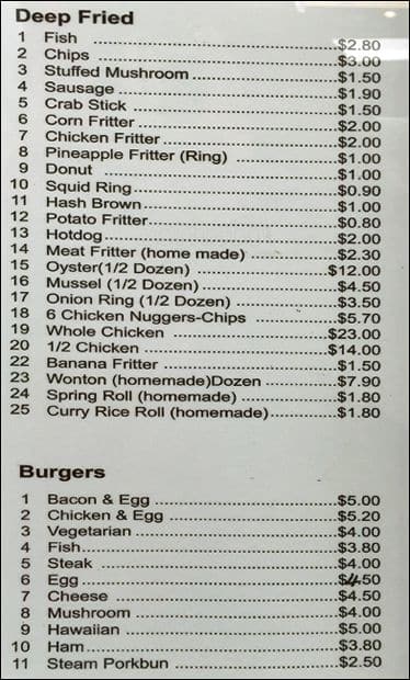 Menu at Tong's Takeaway restaurant, Wellington