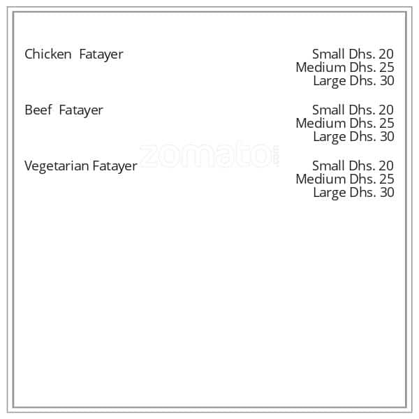 Menu at Fatayer, Umm Al Quwain