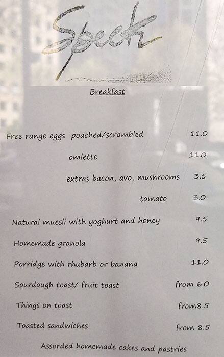 Menu at Speck Cafe., Melbourne