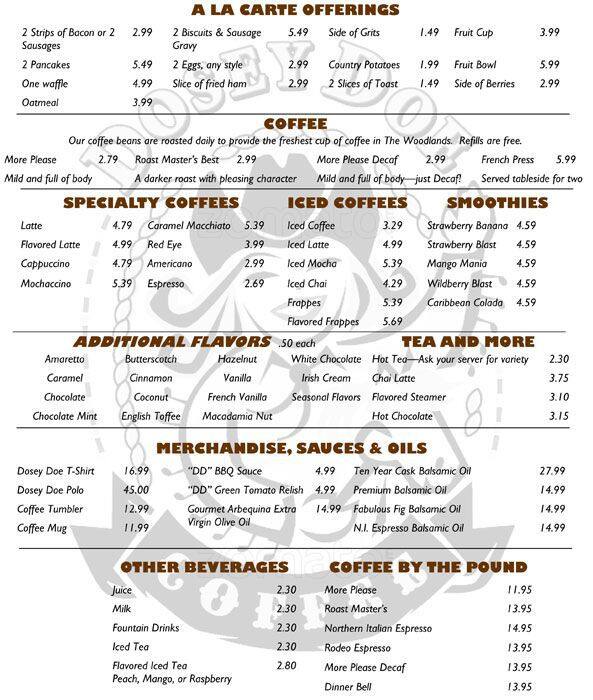 Menu at Dosey Doe - The Big Barn, Spring, Interstate 45 N