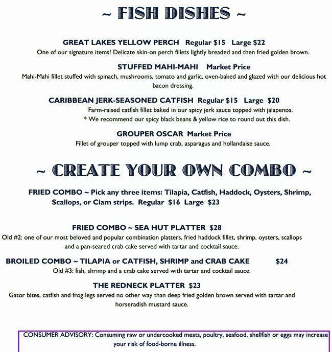 Menu at Sea Hut, Palmetto