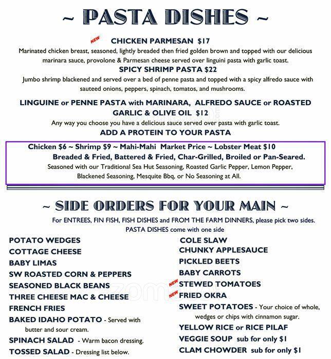 Menu at Sea Hut, Palmetto