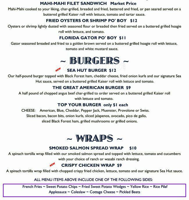 Menu at Sea Hut, Palmetto