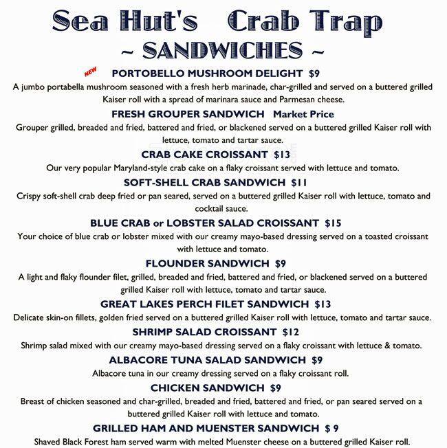 Menu at Sea Hut, Palmetto