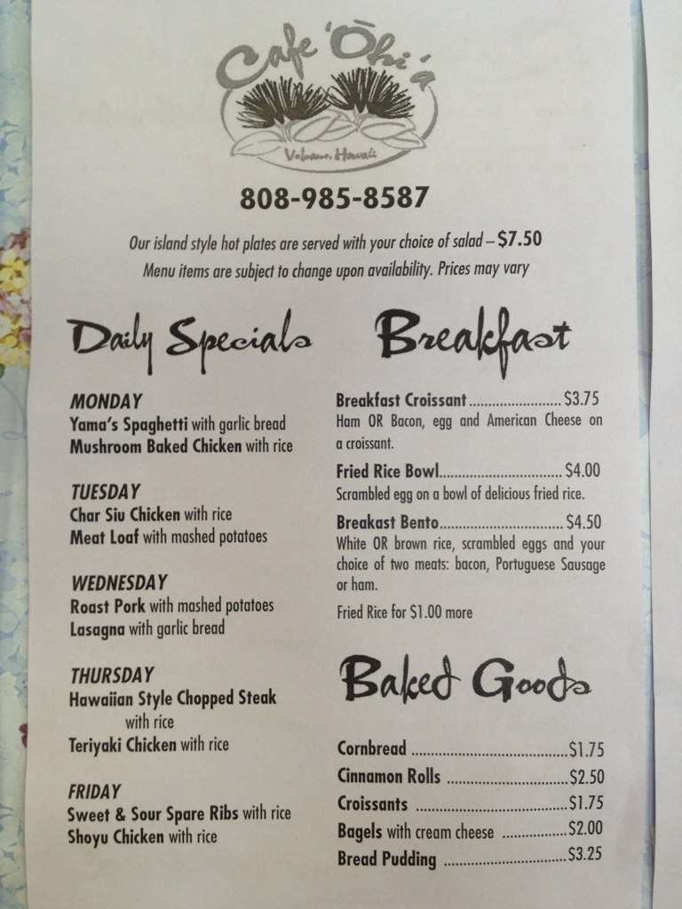 Menu at Cafe Ohia, Volcano