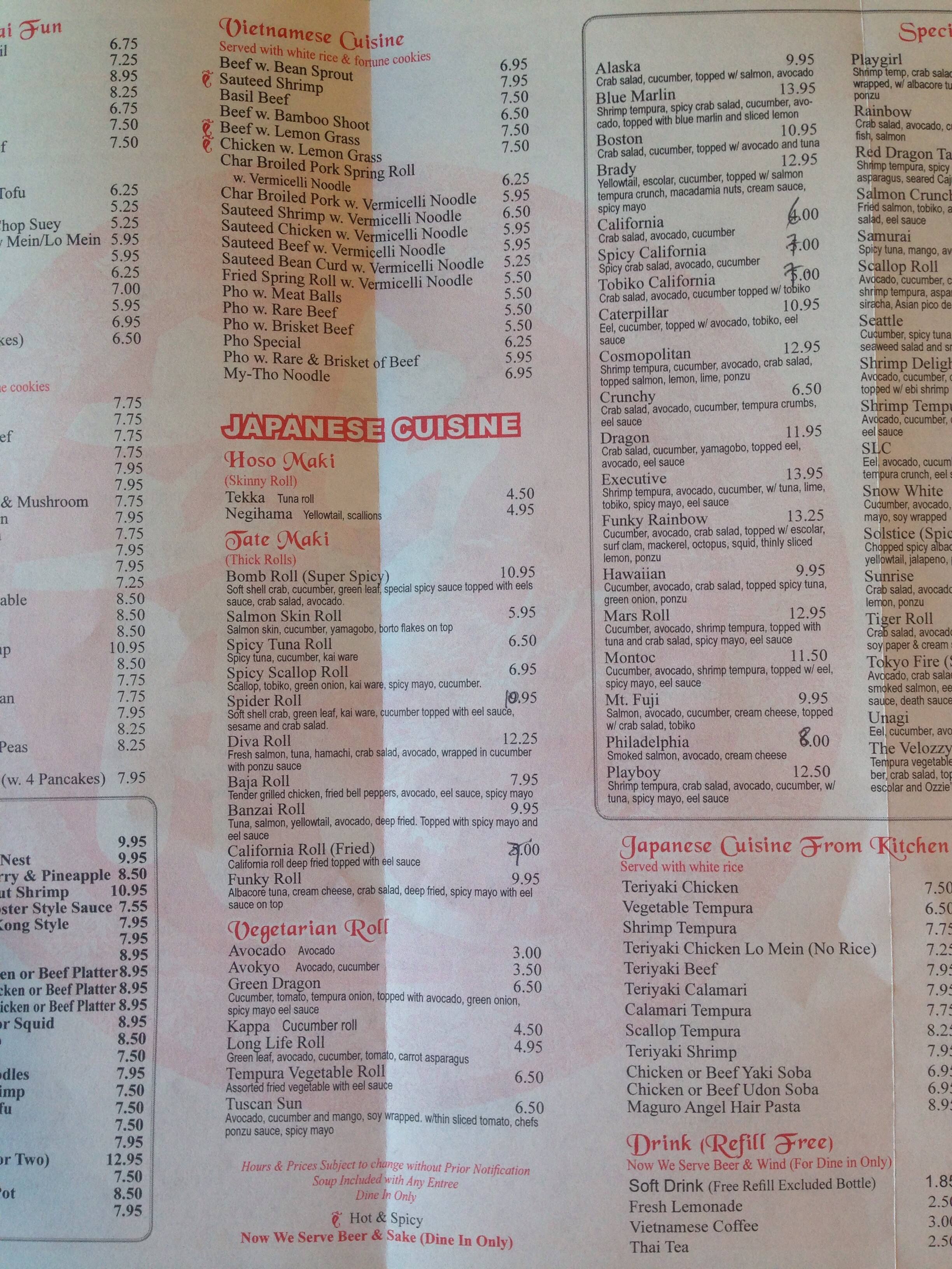 Menu at Banzai Teppan Yaki restaurant, West Valley City, 2856 S 5600 W