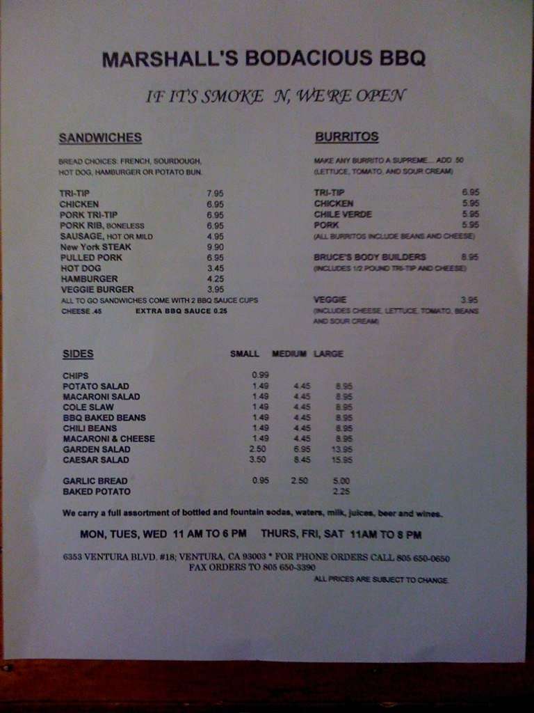 Marshall's Bodacious BBQ, Ventura, Ventura County - Urbanspoon/Zomato