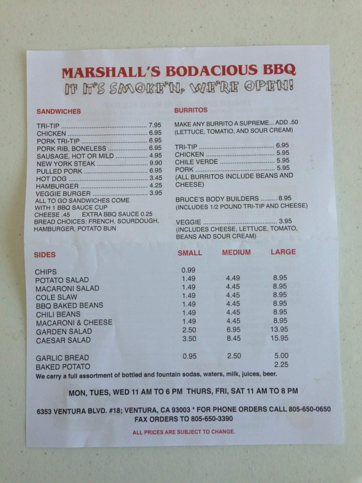 bodacious bbq marshall menu