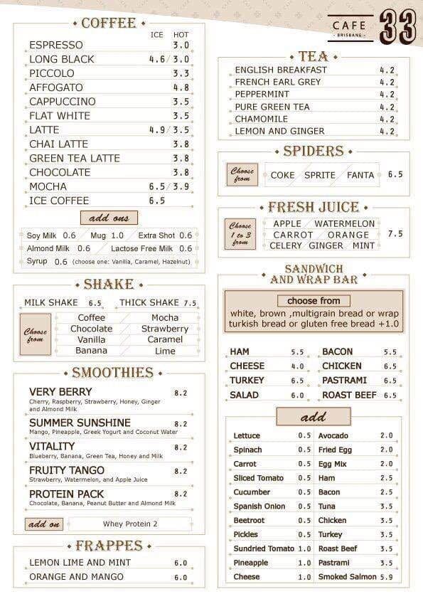 Menu at Cafe 33 Brisbane, Woolloongabba
