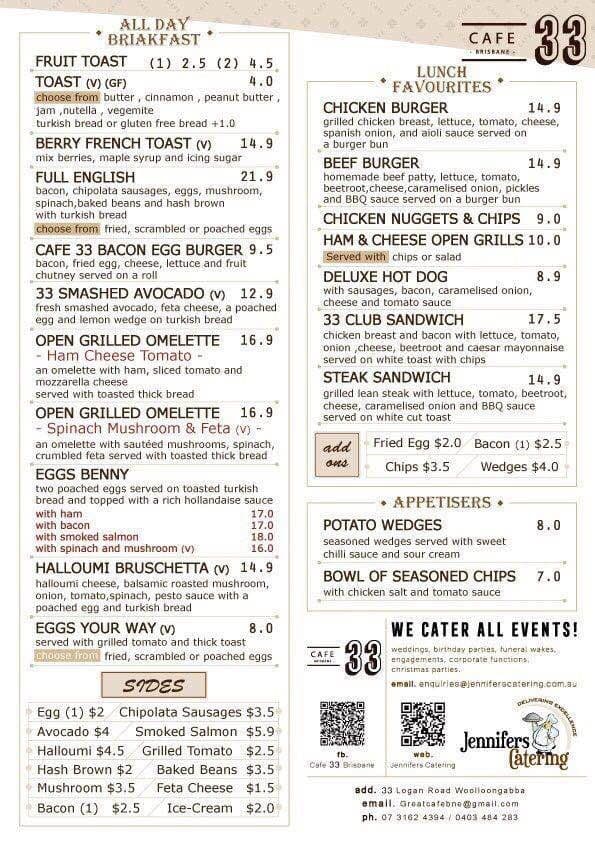 Menu at Cafe 33 Brisbane, Woolloongabba