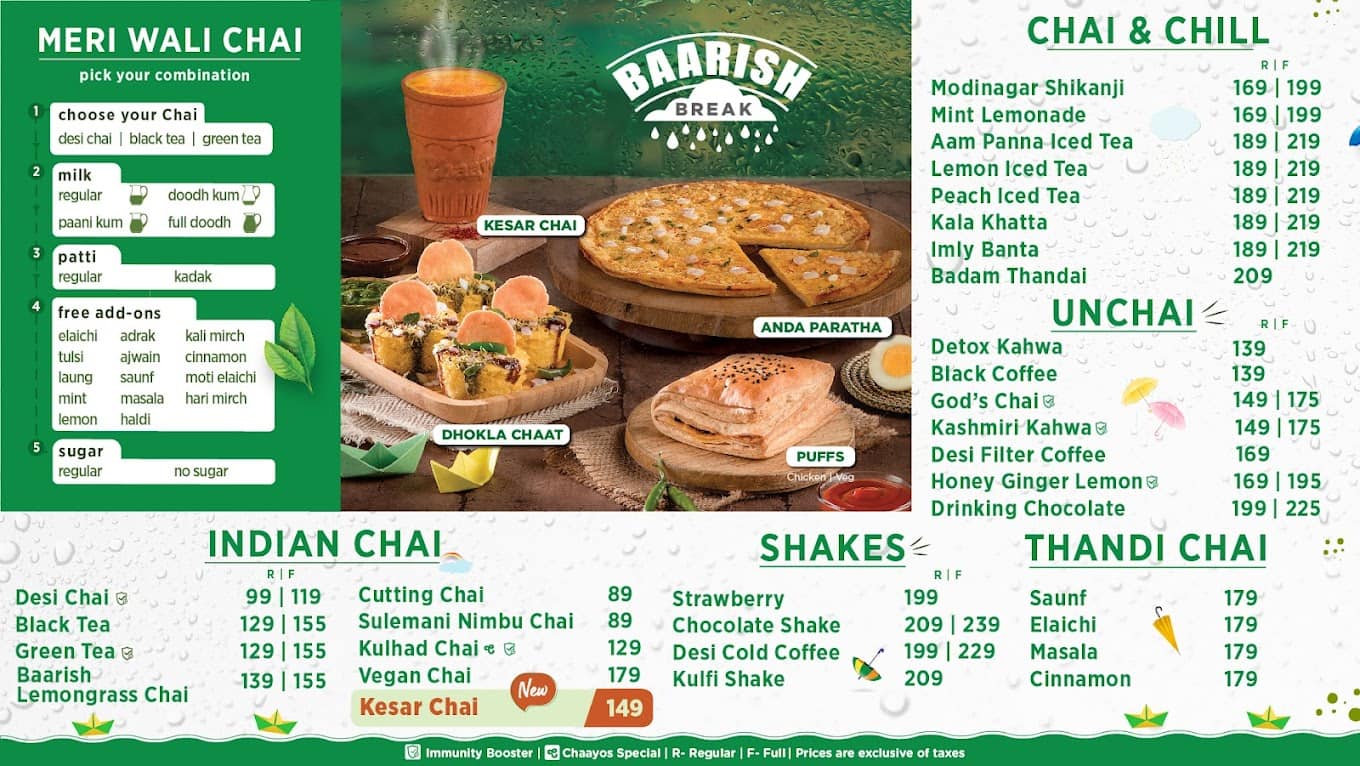 Menu of Chaayos Chai+Snacks=Relax, Indiranagar, Bangalore