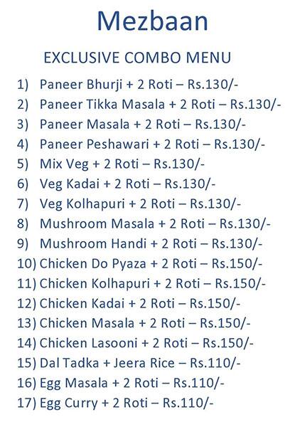 Menu of Mezbaan, Dhanori, Pune